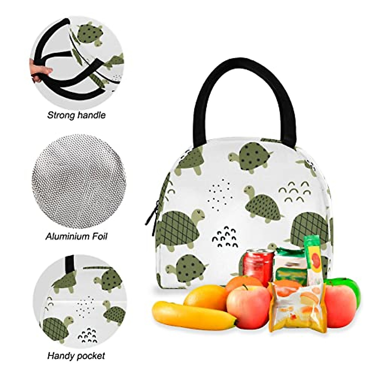 FOLIOSA Kid's Backpack Lunch Bag Set Green Turtle Print， Large Capacity Insulated Scratch-Resistant Backpack with Lunch Kit for School Work Suits for 6+ Years Teenager Boys Girls