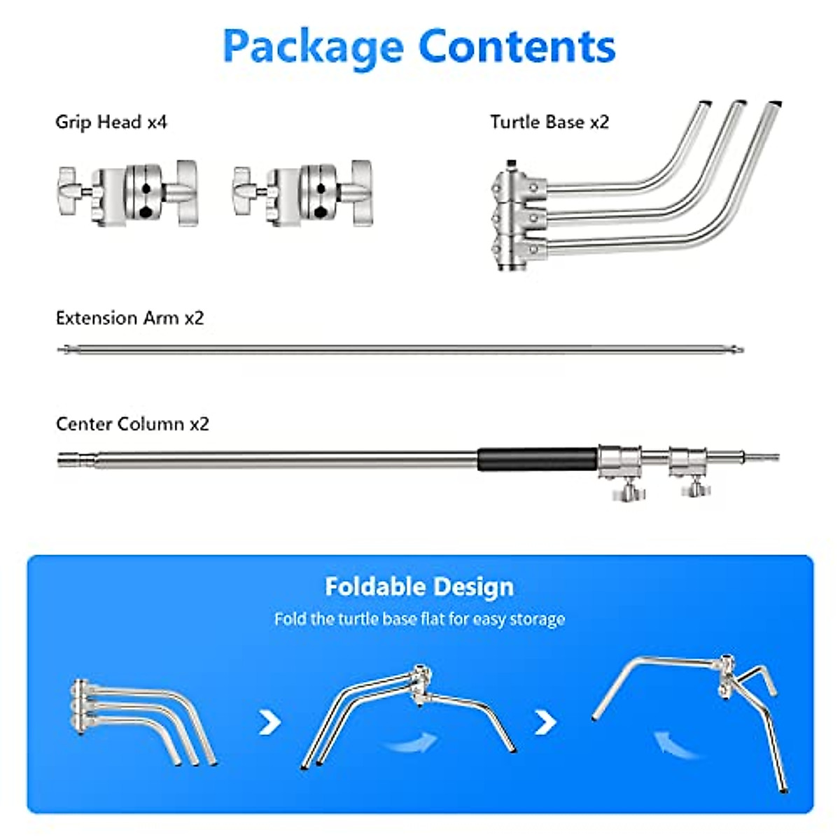 Neewer 100% Stainless Steel C-Stand (2-Pack), Pro Heavy-Duty Photography Light Stand with 4.2ft/1.28m Extension Arm, Grip Head, Turtle Base for Monolight, Softbox, Reflector, Max Height: 10.5ft/3.2m