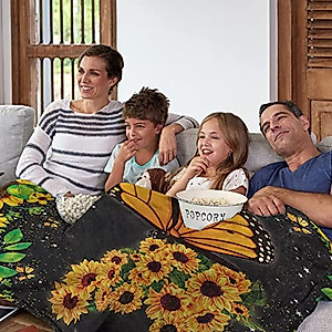 Throw Blanket Sunflower Butterfly Flannel Fleece Blanket, Comfy Throw Blanket Lightweight Sunflower Butterfly Blanket for Bed, Soft Fluffy Blanket for Aldults Women Men Valentines Day- 60x50 Inches
