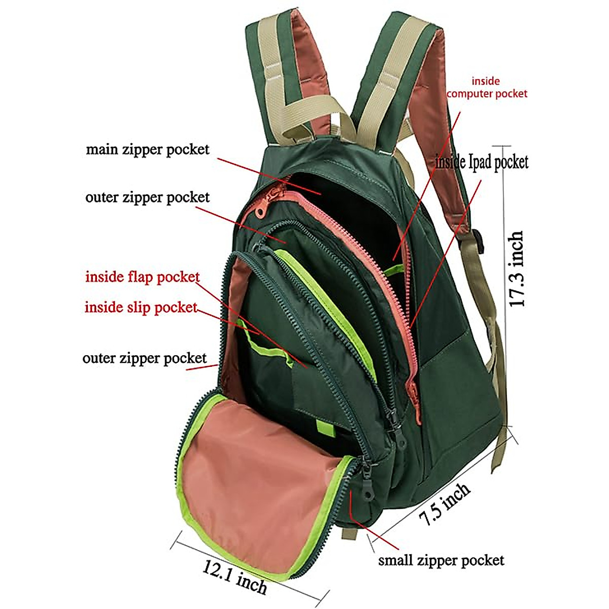 DORIS&JACKY UNISEX Campus Backpack Large Capacity Travel Casual Daypack For Women(Green)