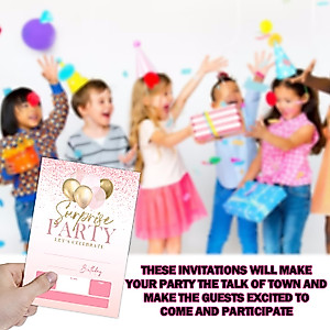 Rose Pink Gold Surprise Birthday Invitations for Women, Pink Balloons Birthday Invites for Adult Boys Girls Teens kids, Any Age Birthday Party Invite Ideas, 20 Invitations with Envelopes - JY709