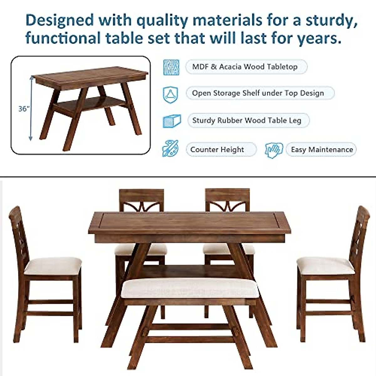 Merax 6-Piece Rustic Style Wood Counter Height Dining Table Set with Storage Shelf, Bench and 4 Chairs, Walnut+Beige