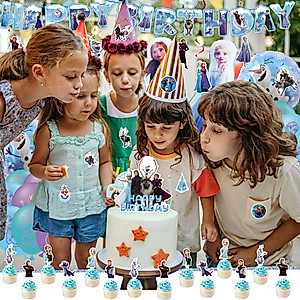 Frozen Birthday Party Supplies for Girls, Frozen Birthday Party Decorations Include Banner, Frozen Balloons, Hanging Swirls, Stickers, Cupcake Toppers, Tablecloth