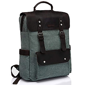 VASCHY Canvas Laptop Backpack, Vintage Leather Backpack for Men Women Canvas Rucksack Daypack for Work