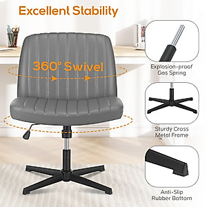 DUMOS Cirss Cross Chair Legged Office Wide Comfy Desk Seat, No Wheels Armless Computer Task Seating, Swivel Vanity Home Height Adjustable