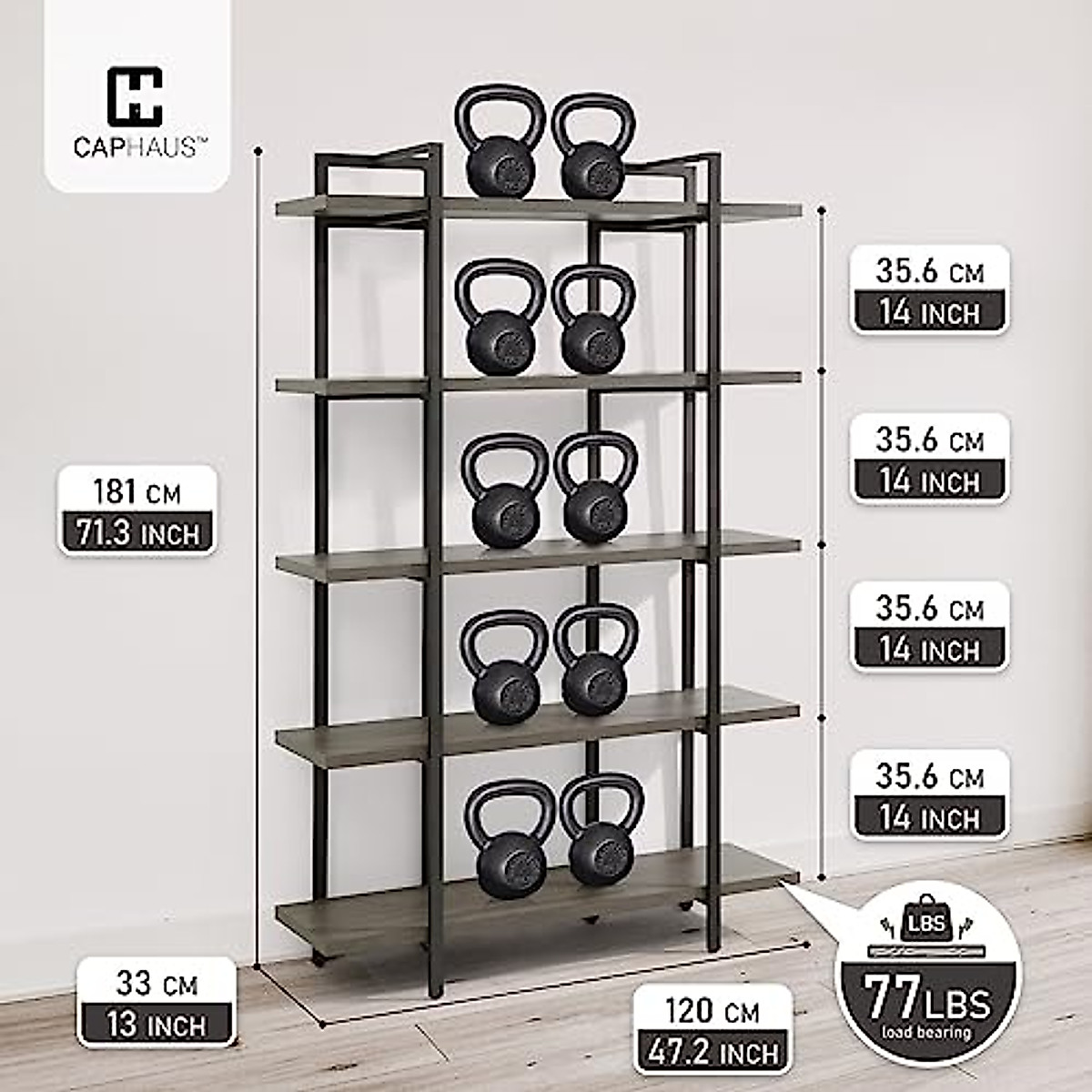 CAPHAUS 5-Tier Book Shelf, 71” H Vintage Industrial Bookcase with Open Display Shelving, Wooden and Metal Shelving Unit, Bookshelves and Bookcases, Stand Shelf for Bedroom, Home Office, Dark Grey