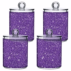 xigua 4 Pack Purple Glitter Apothecary Jars with Lid, Qtip Holder Storage Containers for Cotton Ball, Swabs, Pads, Clear Plastic Canisters for Bathroom Vanity Organization (10 Oz)