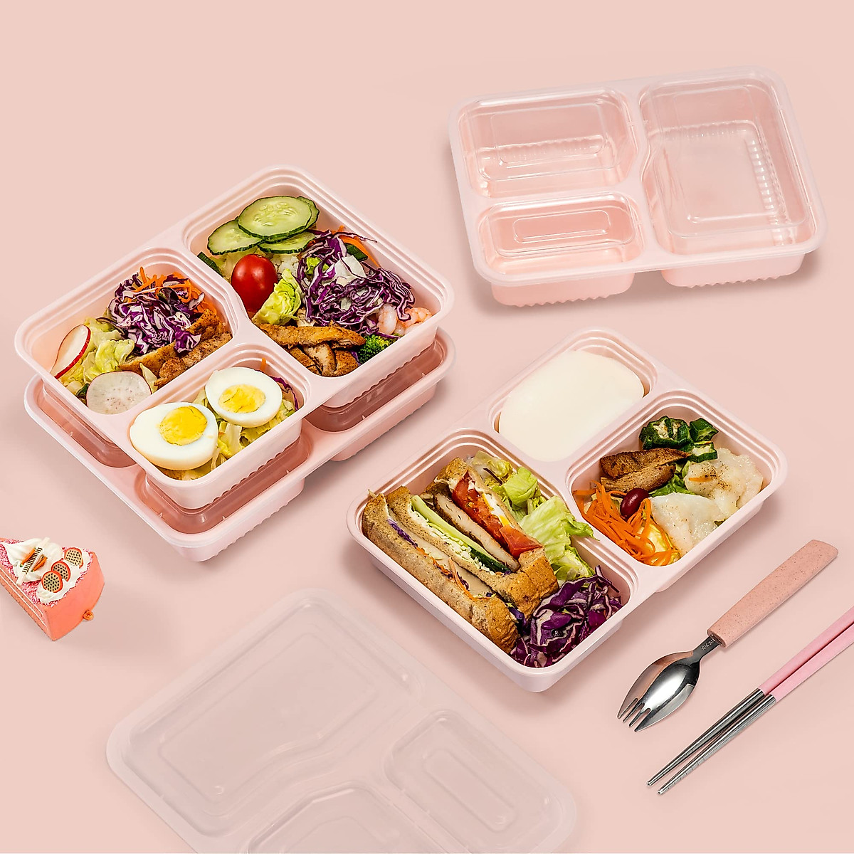 Glotoch Express Meal Prep Container 3 Compartment, 15 Packs 34 oz To Go Containers, Plastic Containers With Lids For Storage-Microwave&Freezer&Dishwasher Safe, Eco-Friendly, BPA-Free&Stackable, Pink