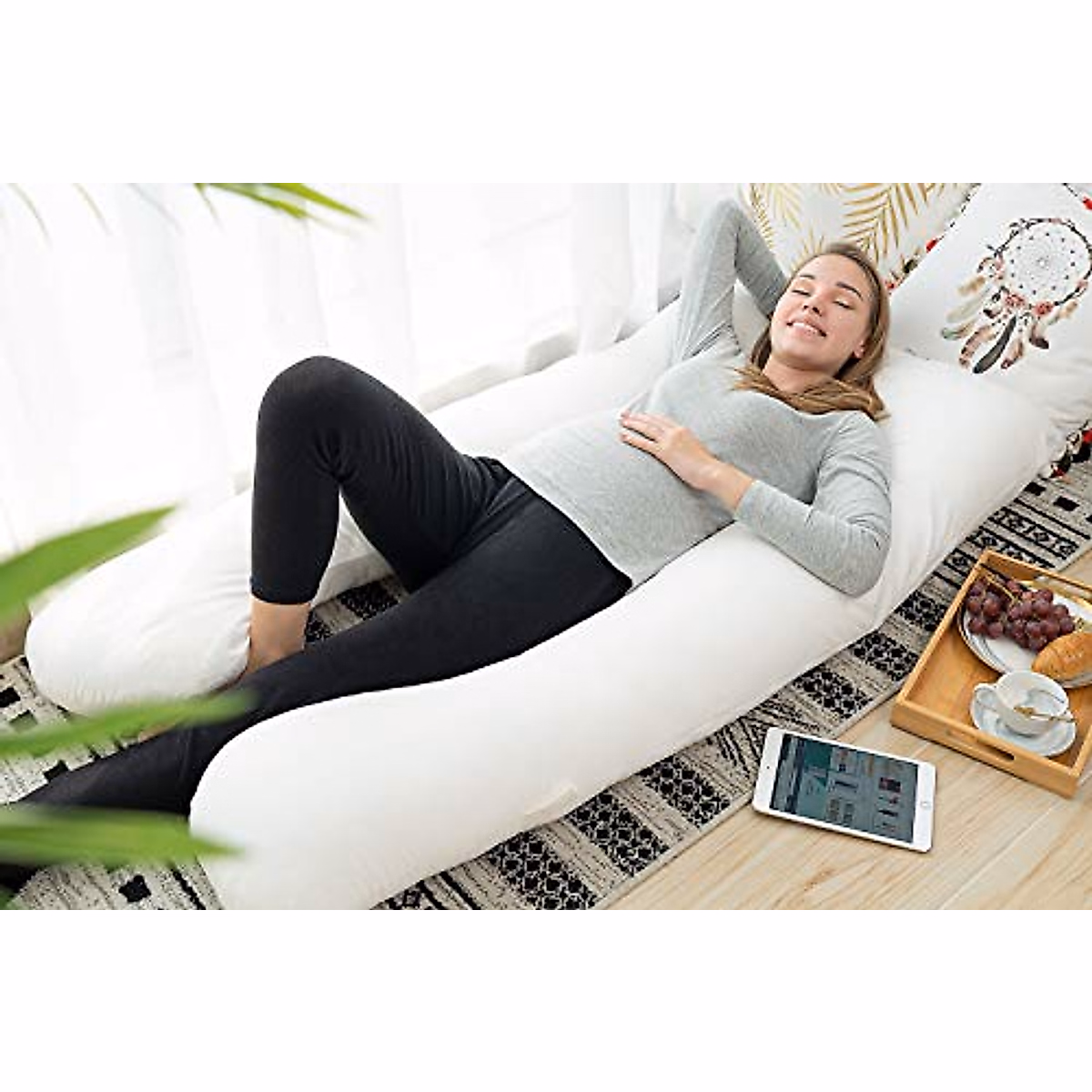 Meiz Premium U Shape Comfortable Pregnancy Pillow Maternity Pillow for Side Sleeping for Growing Tummy Support,Plus 100% Cotton Zipper Removable Cover(White)