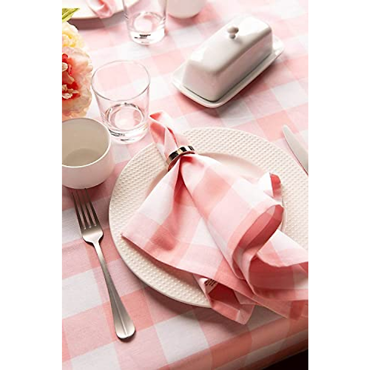 DII Buffalo Check Collection, Classic Farmhouse Tablecloth, Tablecloth, 52x52, Pink & White
