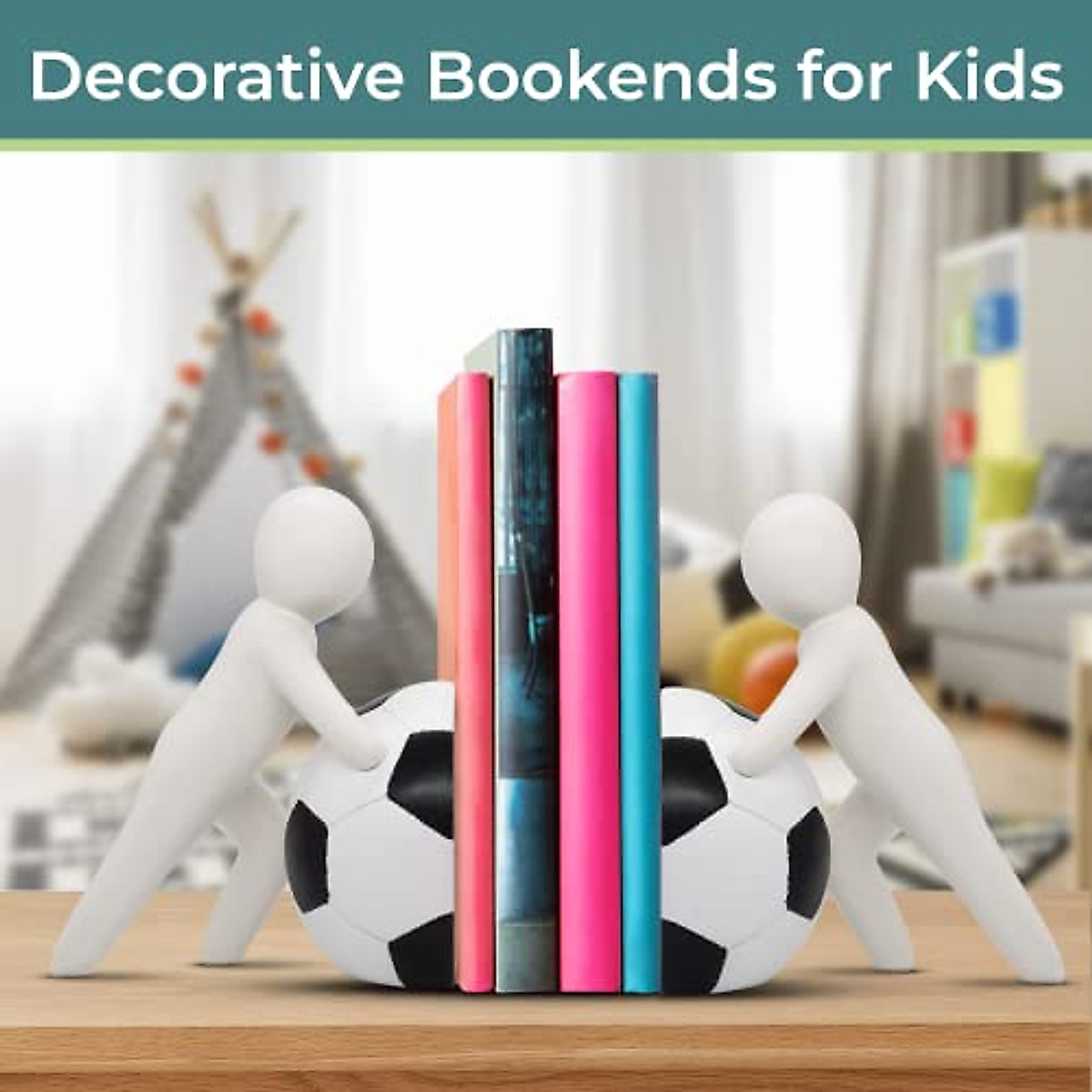Joyvano Soccer Bookends - Decorative Sports Bookends for Kids - Unique & Heavy Duty Book Ends to Hold Books - Soccer Room Decor - Book Holder for Shelves