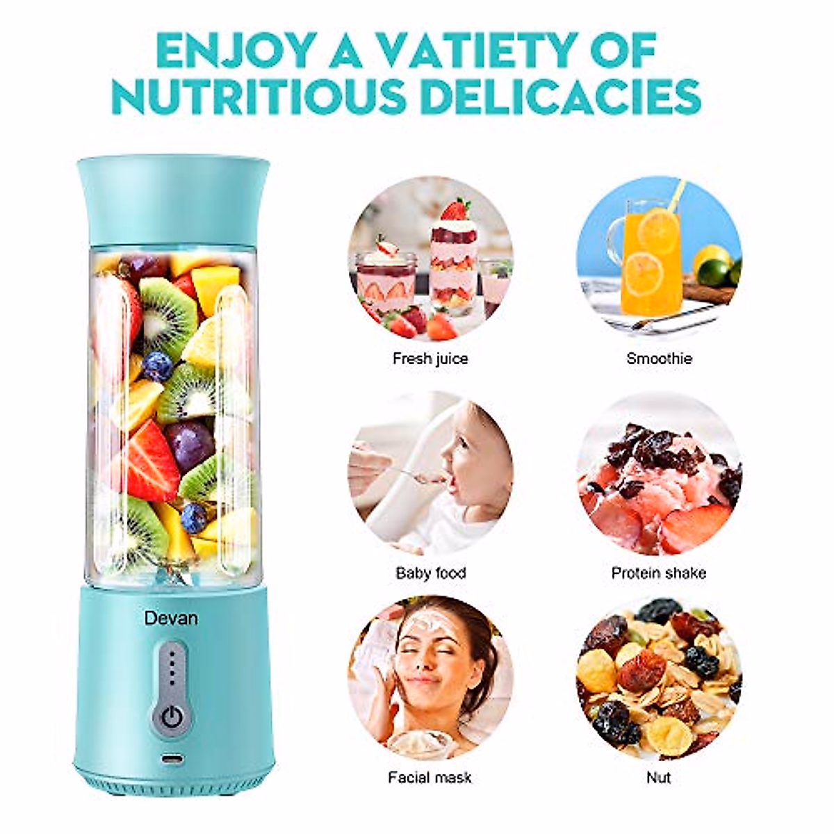 Portable Blender 16.9 Oz Personal Size Blender, Juicer Cup for Juice, Crushed Ice, Smoothies and Shakes, 4000mAh USB Rechargeable with Six Blades, Mini Blender for Sports Travel, Gym and Outdoors