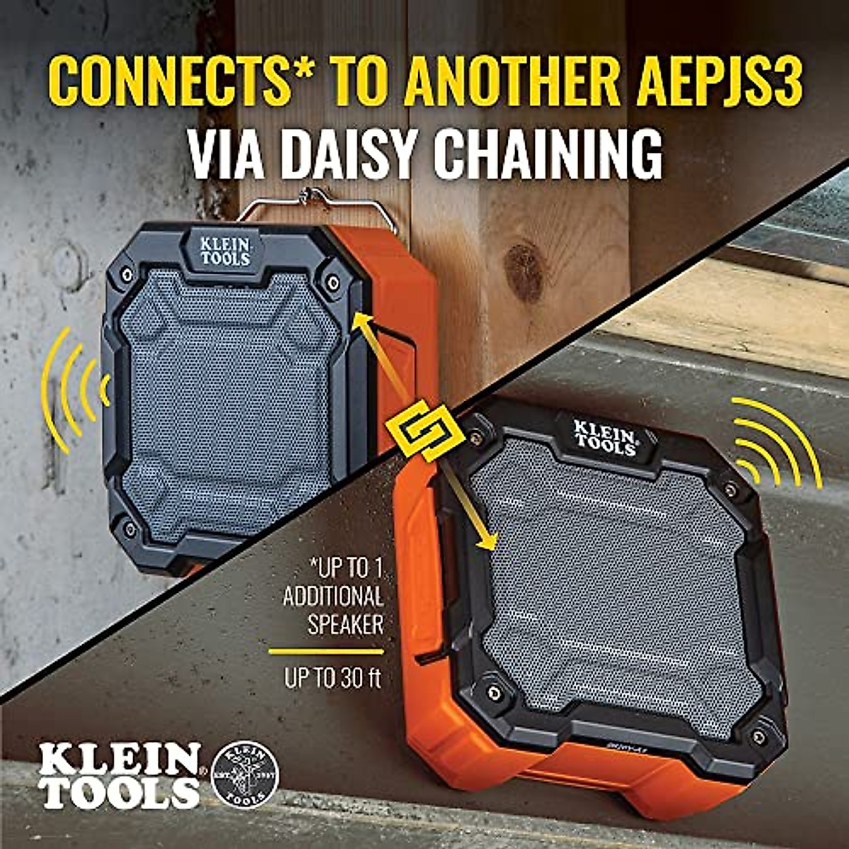 Klein Tools AEPJS3 Bluetooth Jobsite Speaker With Magnet and Hook, 20-Hr Run Time, Charge Devices Via USB A or C Ports, Daisy Chain for Pairing, Hands Free Capable, IP54 Dust and Water Resistant