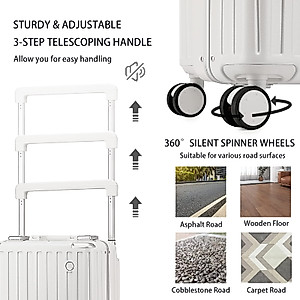 Somago Aluminum Frame 18" Carry On Luggage Wide Handle Suitcase Built-In Double TSA Lock Hardside Lightweight PC Travel Suitcase with Spinner Wheels, White