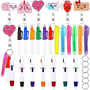 24 Pcs Nurse Pen CNA Week Appreciation Gift Set 6 Permanent Marker Pen 6 Retractable Ball Pen 6 Tip Highlighter 6 Nursing Badge Reel Holder Felt Badge Clip ID Name Reel for Nurses Gifts(Nurse Style)