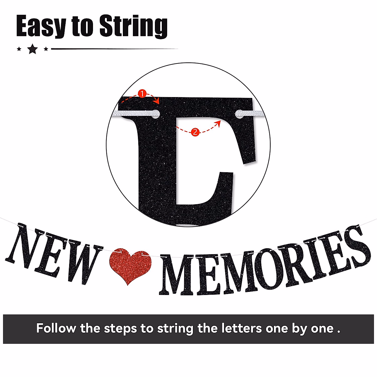 New Home New Adventure New Memories Banner, New Home New Chapter/Sweet Home/Our First Home Housewarming Party Backdrop, Pre-strung New Couple/Housewarming/Family Reunion Party Bunting Sign, Black Glitter