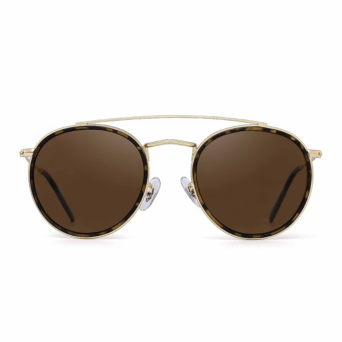 JIM HALO Small Polarized Round Sunglasses for Men, Women Vintage Double Bridge Frame (Gold Frame/Polarized Brown Lens)