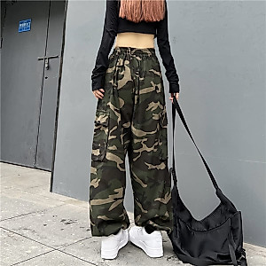 Linsennia Camo Cargo Pants for Women Baggy Y2k Parachute Pants Wide Leg with Pockets Girls Streetwear Goth