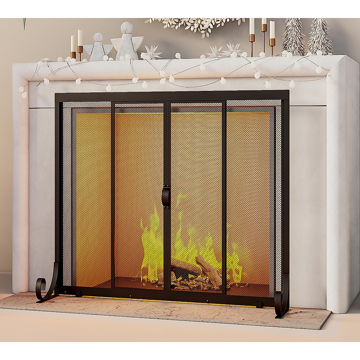 Fire Beauty Fireplace Screen, Wrought Iron Mesh, Baby Safe Spark Guard Protector with 2-Doors Large Flat Guard Screens (37.8 x 30.7 Inch)