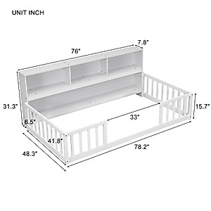 Twin Size Floor Bed with Bedside Bookcase and Shelves, Multifunctional Platform Bed with Guardrails, Wood Captain Bed with Storage Headboard, Low Floor Bed for Kids Teens (White * Twin,Guardrails)