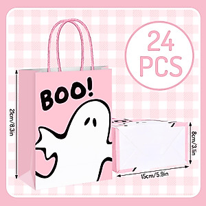 JarThenaAMCS 24Pcs Halloween Paper Gift Bags Ghost Boo Pink with Handles Party Favor Bags Kraft Candy Goodie Treat Bags for Halloween Birthday Party Favors Supplies 8.3 Inch