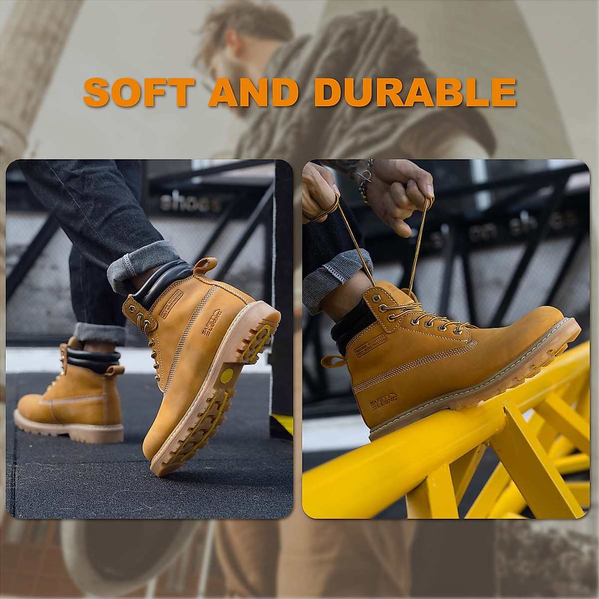 SAFETY LOONG Work Boots for Men Soft Toe Non Slip Rubber Sole Comfortable Full Grain Leather Waterproof Goodyear Welt Construction Shoes 10.5