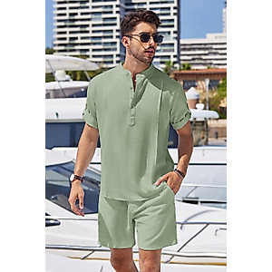 COOFANDY Linen Sets For Men 2 Pieces Henley Shirt Short Sleeve and Shorts With Pockets Sets Beach Yoga Matching Outfits