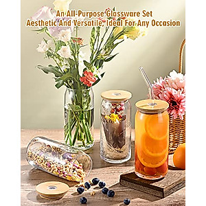 Rainforce 20 Oz Glass Cups With Lids And Straws, Beer Can Shaped Glass 12Pcs Set, Iced Coffee Cups, Glass Beer Can Cups, Drinking Glasses With Bamboo Lids, Beer Glasses, Cute Tumbler Glass Cups