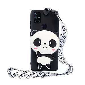 Yewos Case Compatible with Oneplus Nord N10 5G,3D Cute Animals Pandas Cartoon Soft Black Silicone Wallet Case with Wrist Strap,Pretty Kawaii Funny Kids Teens Girls Shockproof Protective Cover