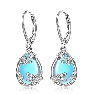 Dragonfly Moonstone Earrings for Women Filigree Earrings Teardrop Lever Back S925 Sterling Silver Moonstone Jewelry