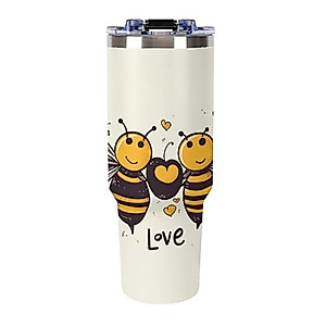 FHENMSA 40 Oz Insulated Coffee Mug Tumbler with Handle,Bee Love Honey Print Insulated Tumbler,Stainless Steel Travel Mug with Lid And Straw