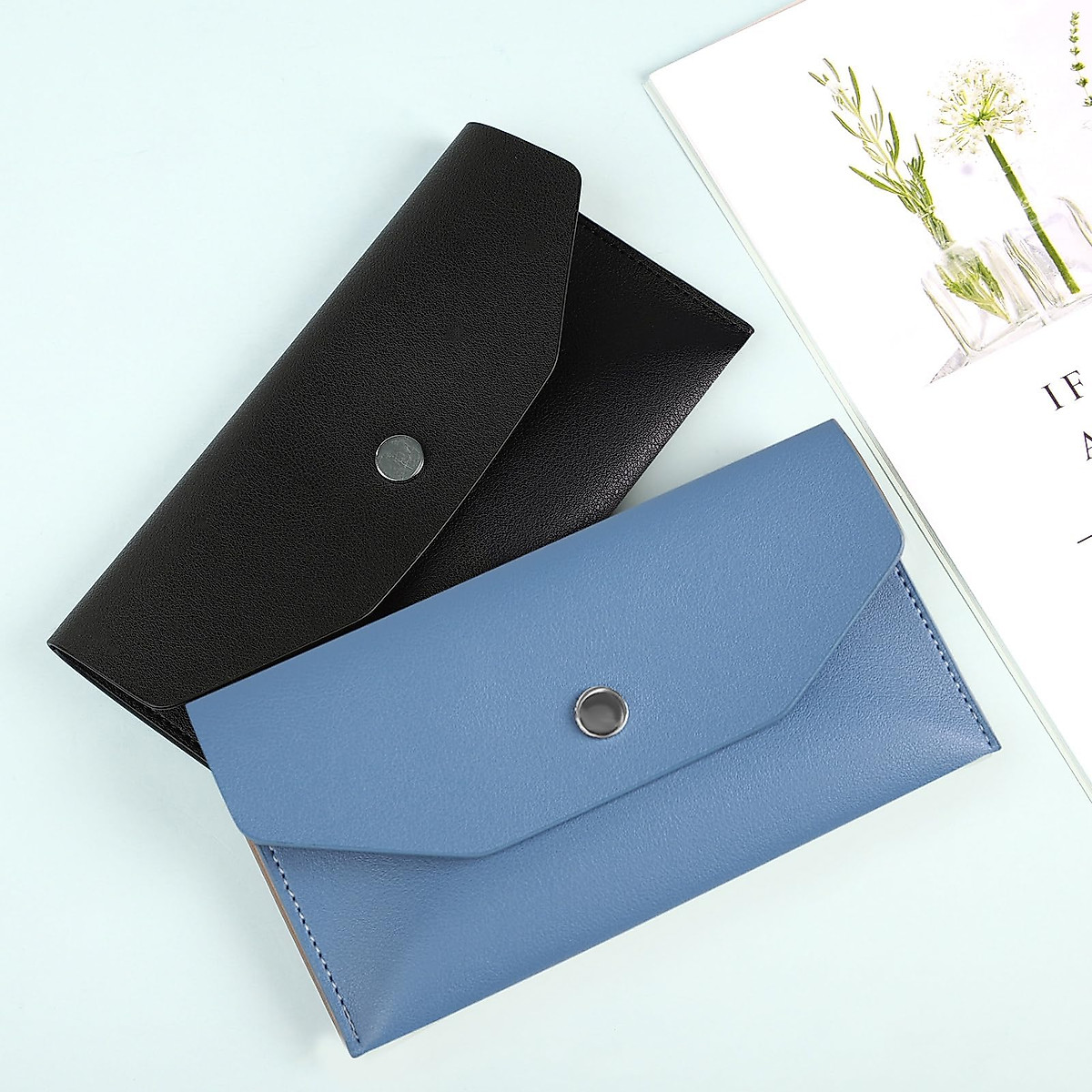 SKYDUE Cash Envelopes, PU Leather Money Envelopes for Cash, Reusable Money Pouch Bag for Cash Saving, Waterproof Cash Envelope Wallet, Budget Cash Envelopes, 2 Pieces (Blue & Black）