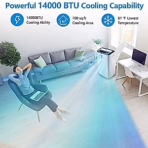 Rintuf 14000 BTU ASHRAE Portable Air Conditioner, Portable AC Cools to 700 Sq.ft Room, AC Unit for Cooling & Dehumidifier & Fan, With LED Display Remote Control, Window Kits, Universal Wheels