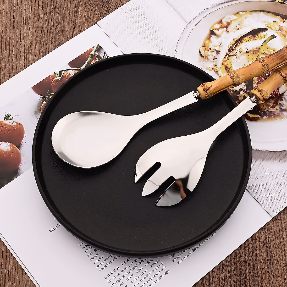 Natural Bamboo Handle Serving Spoons Set of 6, Large Size Stainless Steel Dinner Buffet Catering Banquet Serving Spoons, 10.0" Silver Big Ladle Tablespoons for Home, Family Serving Utensils