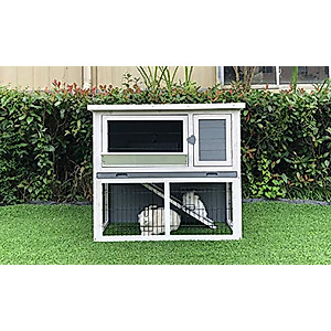Hanover Outdoor Wooden 2-Story Rabbit Hutch with Ramp, Wire Mesh Run, Cage, Waterproof Roof, Removable Tray - HANRH0103-GRY
