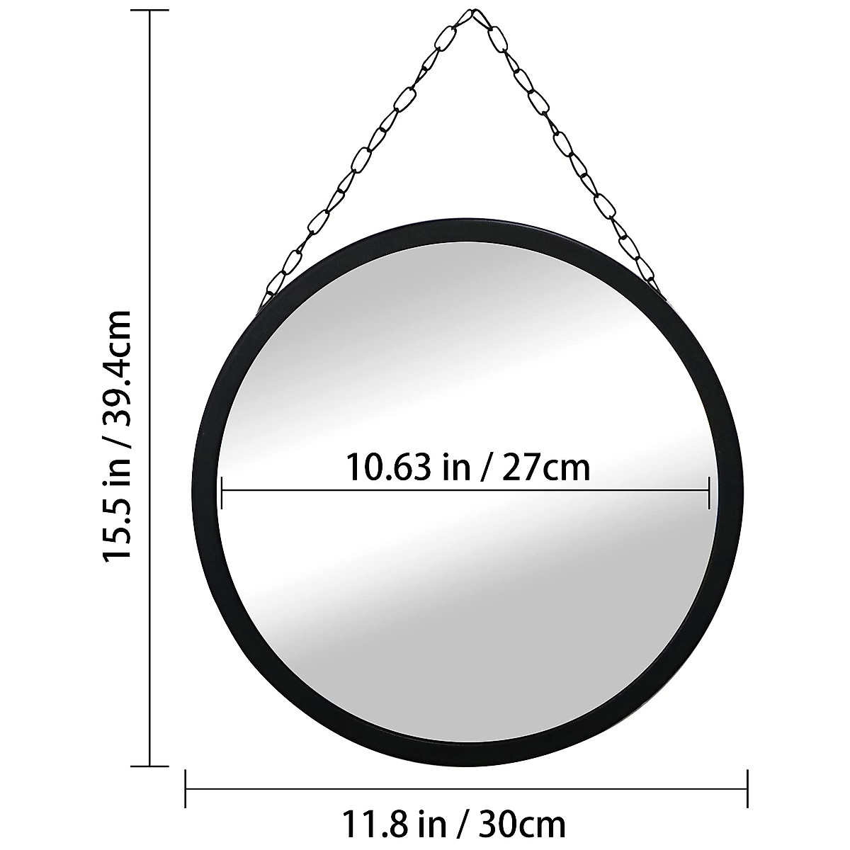 SANY DAYO HOME 12 inch Real Glass Black Round Mirror with Chain, Metal Framed Small Wall Hanging Circle Bathroom Shower Mirror for Home, Office, Door, Locker