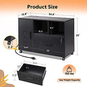 DEVAISE File Cabinet with Charging Station, 1-Drawer Lateral File Cabinets with lock for home office, Wooden Rolling Printer Stand with Shelves, Black