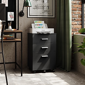 DEVAISE 3 Drawer Wood Mobile File Cabinet, Rolling Filing Cabinet for Letter/A4 Size, Black