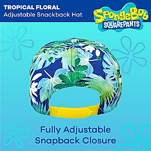 Spongebob Squarepants Baseball Cap, Tropical Floral Curved Brim Adjustable Snapback Hat, Blue and Green, One Size