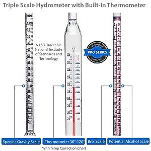 Thermo-Hydrometer ABV Tester Kit Triple Scale for Beer/Wine - Pro Series American-Made Specific Gravity Hydrometer with Thermometer Temperature Correction, N.I.S.T Traceable (KIT)