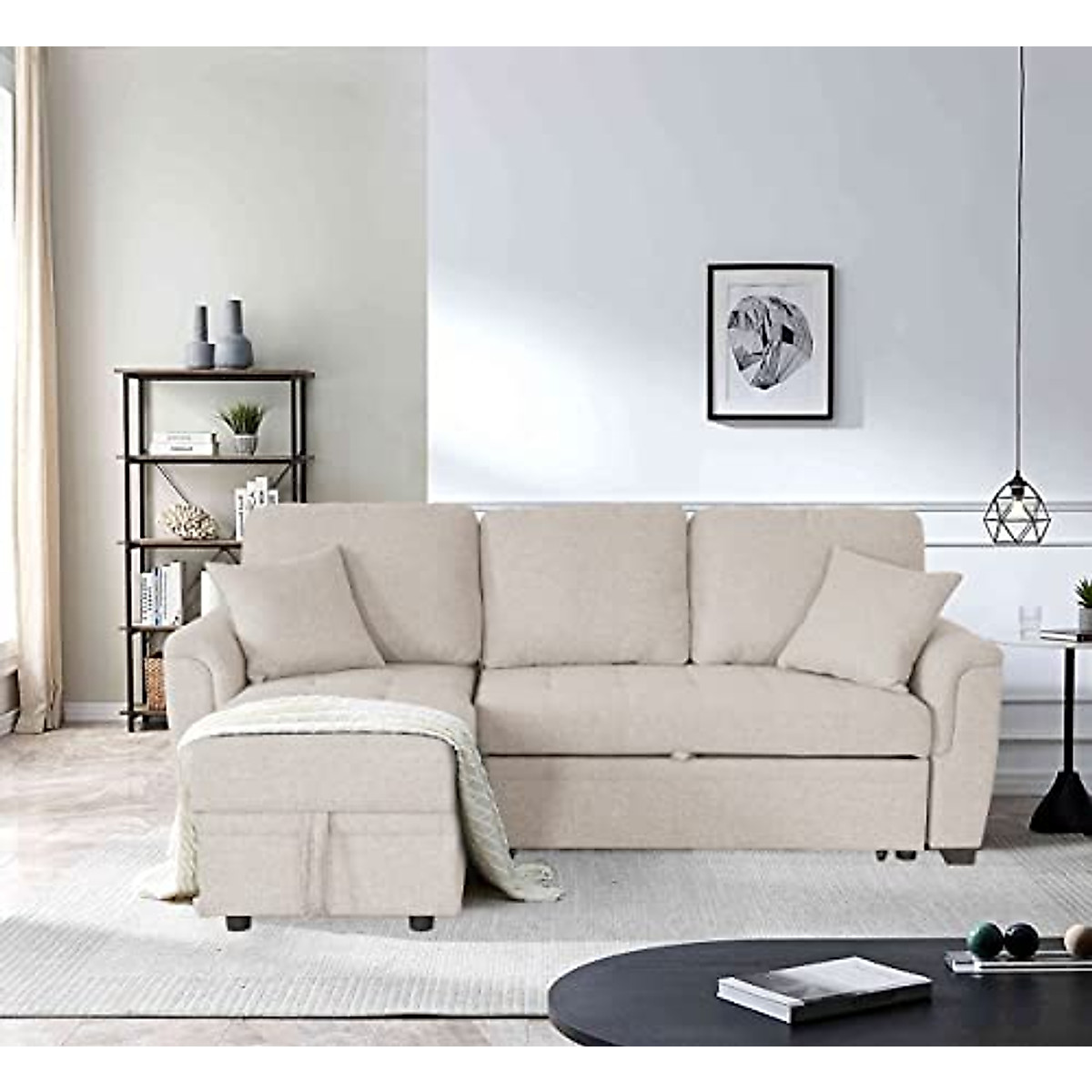 Melpomene Upholstered Sectional Sofa Couch, Convertible Pull Out Bed Sleeper Sofa with Storage 3 Seater L Shaped Couch with 2 Pillows,Linen Fabric Corner Sofa for Living Room(Beige)