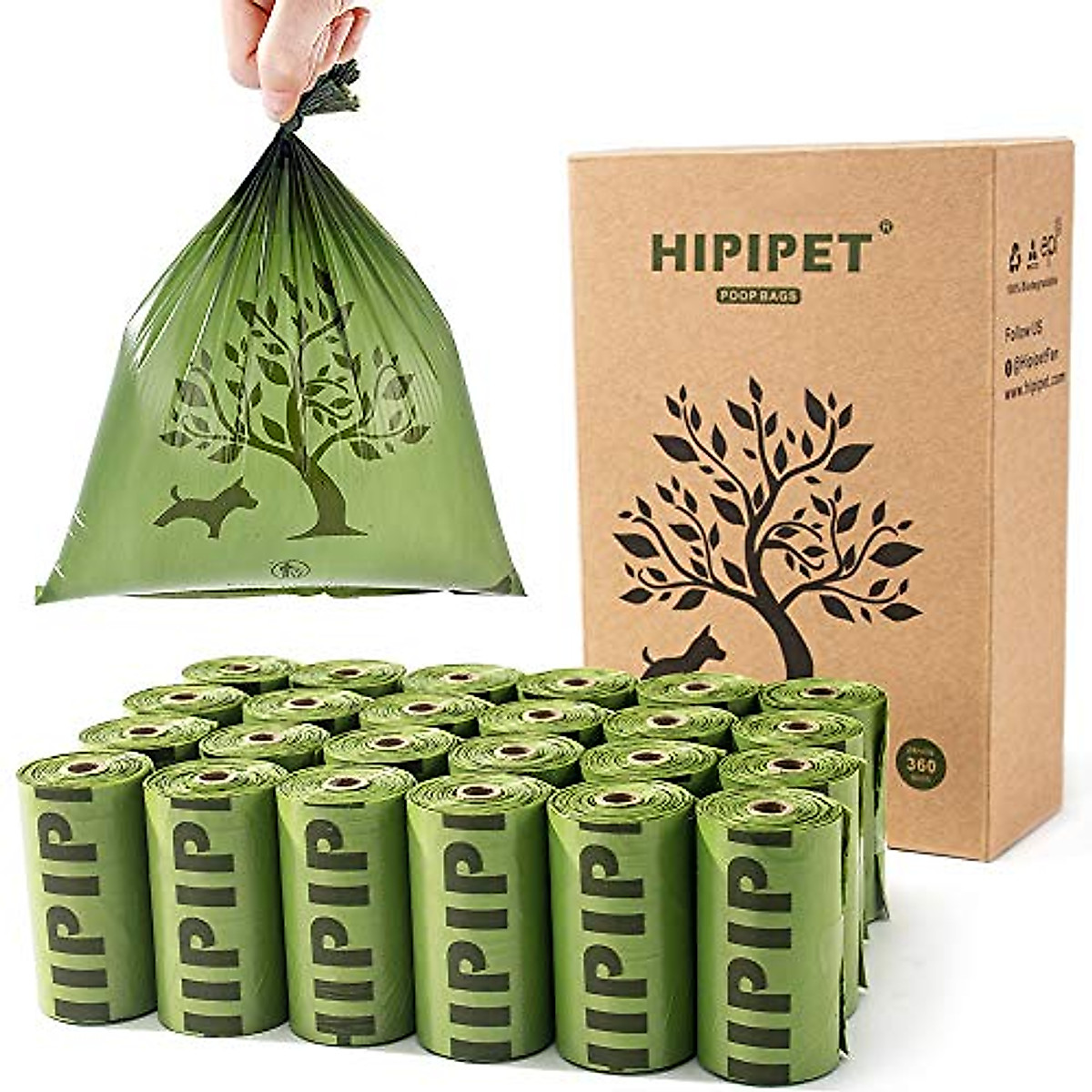 HIPIPET 360 Pack(24 Roll) Dog Poop Bag,Earth-Friendly Partially Biodegradable Poop Bags,15% Thicker and Tougher Leak-Proof Dog Waste Bags.(Green)