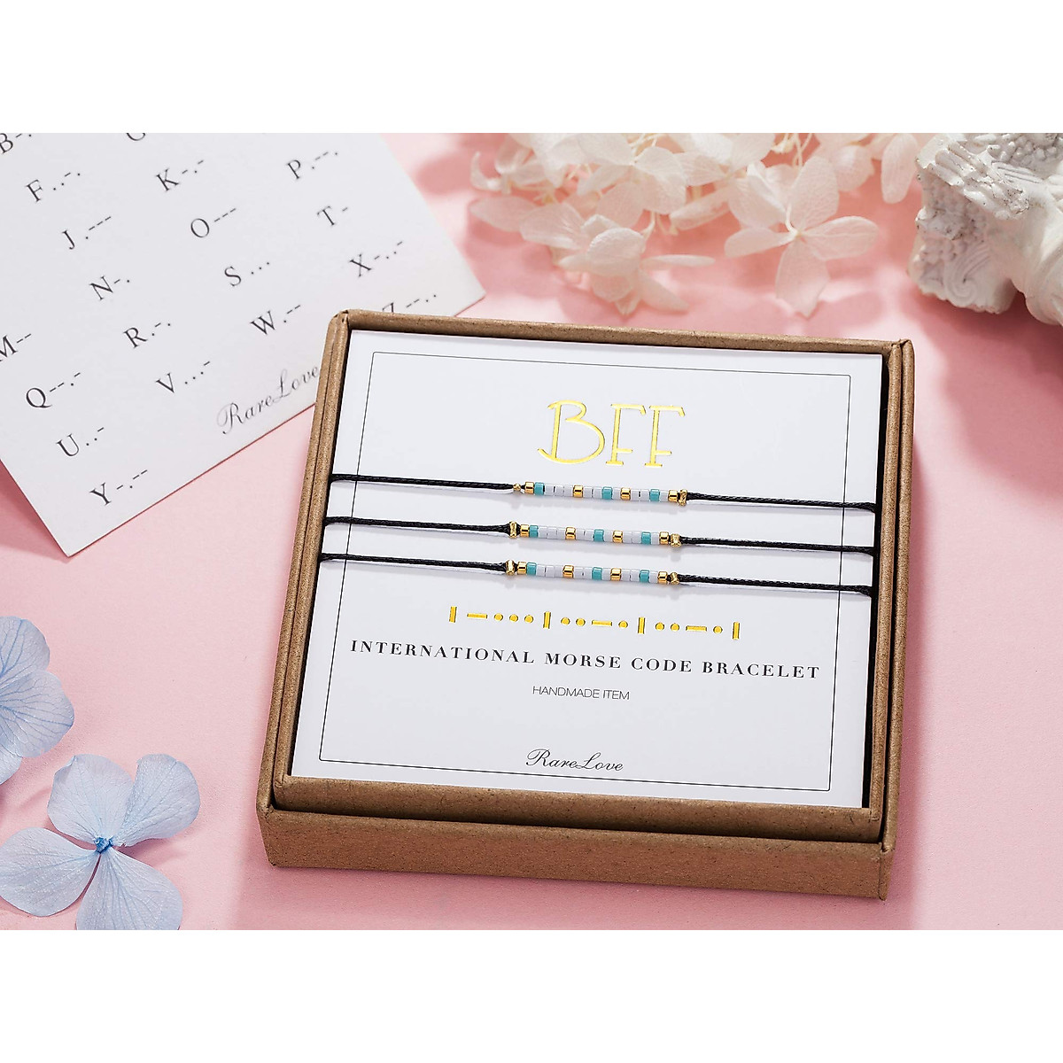 RareLove 3 Pieces BFF Friendship Morse Code Bracelet Birthday Best Friends Gift For 3 Women Blue White Tiny Pony Seed Beads Black String Bracelets