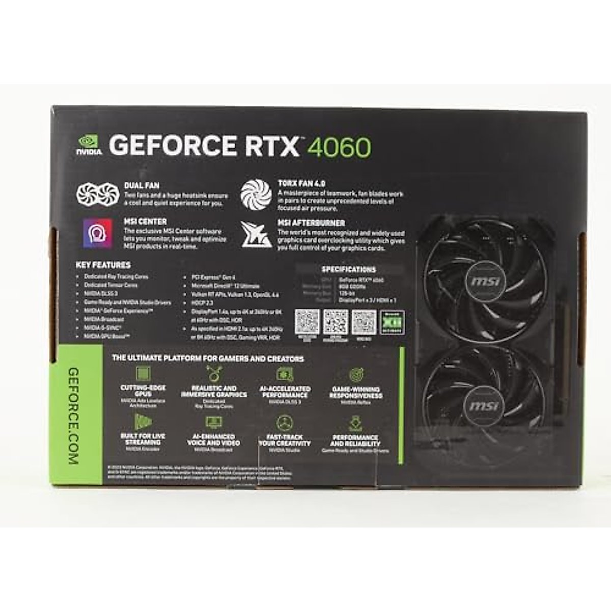 MSI GeForce RTX 4060 Ventus 2X Black 8G OC Gaming Graphics Card - 8GB GDDR6X, PCI Express Gen 4, 128-bit, 3X DP v 1.4a, HDMI 2.1a (Supports 4K & 8K HDR)