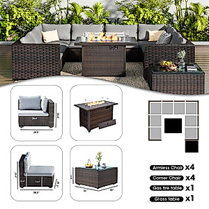 GREZJXC 14 Pieces Outdoor Sectional Patio Furniture Set with Fire Pit Table,PE Rattan Wicker Patio Sectional Conversation Set with Cushions and Glass Coffee Table Grey