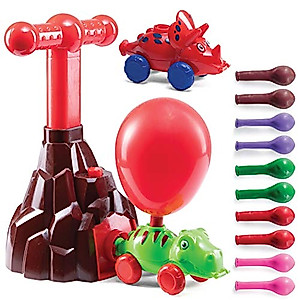 Prextex Air-Powered Dinosaur Car w/ Volcano Inflator/Pump & Balloon | Kids Science/STEM Toy Kit | Boy, Girl, Kid Gift Set Toys