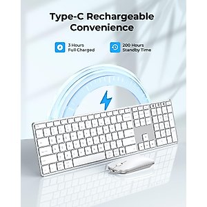 Wireless Bluetooth Keyboard and Mouse Combo (USB + Dual BT), seenda Multi-Device Rechargeable Slim Keyboard and Mouse, Compatible for Win 7/8/10, MacBook Pro/Air, iPad, Tablet - White Silver
