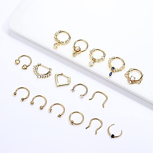 Besteel 16Pcs 16G Septum Rings, 316L Stainless Steel Nose Rings Hoop, Hinged Seamless Horseshoe Clicker Rings, Stainless Steel, cubic zirconia