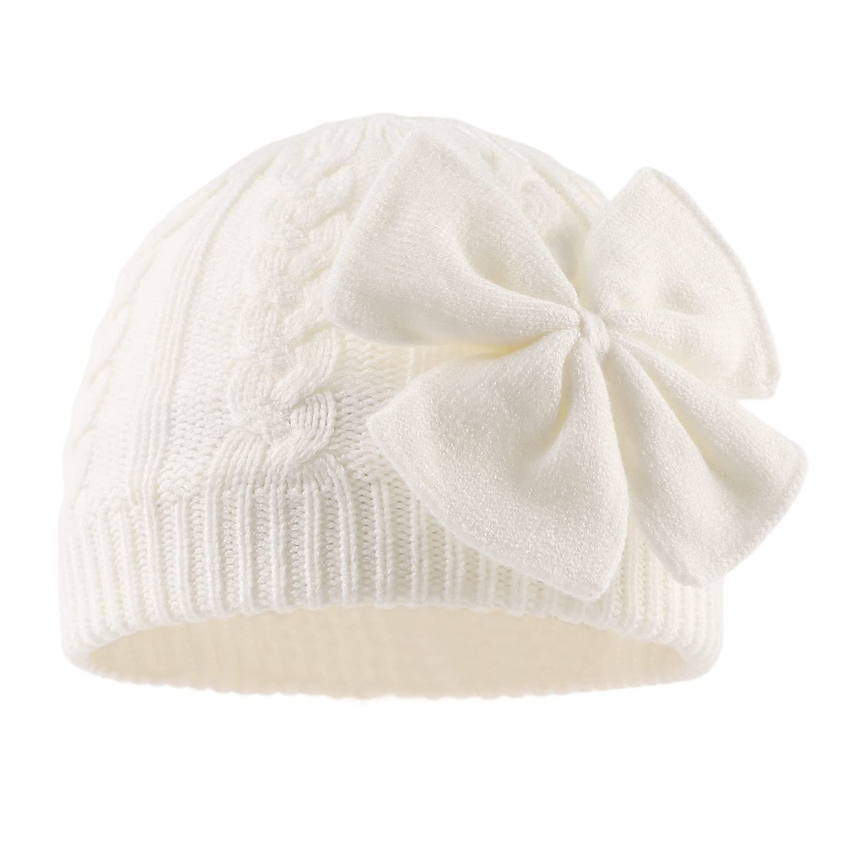 Winter Warm Knitted Baby Hat for Girls Cotton Lined Infant Toddler Girls Hat Autumn Cute Bow Classic Girls Beanie 0-6Y(M,White)
