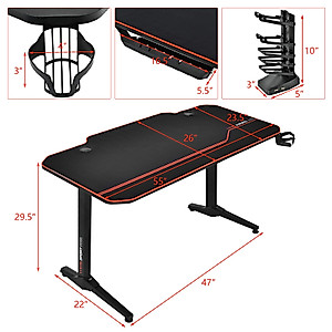 ARLIME Ergonomic Gaming Desk, T-shaped Computer Desk W/Full Desk Mouse Pad, Cup Holder & Headphone Hook, 2 Cable Management Holes, Gaming Workstation Desk for Office, Living Room